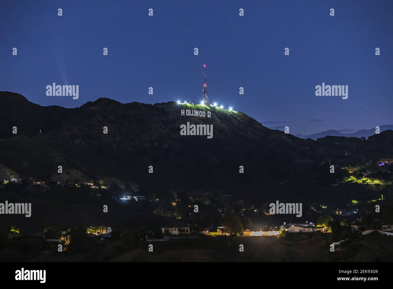 Comet Neowise in the early morning sky above the Hollywood sign. The ...
