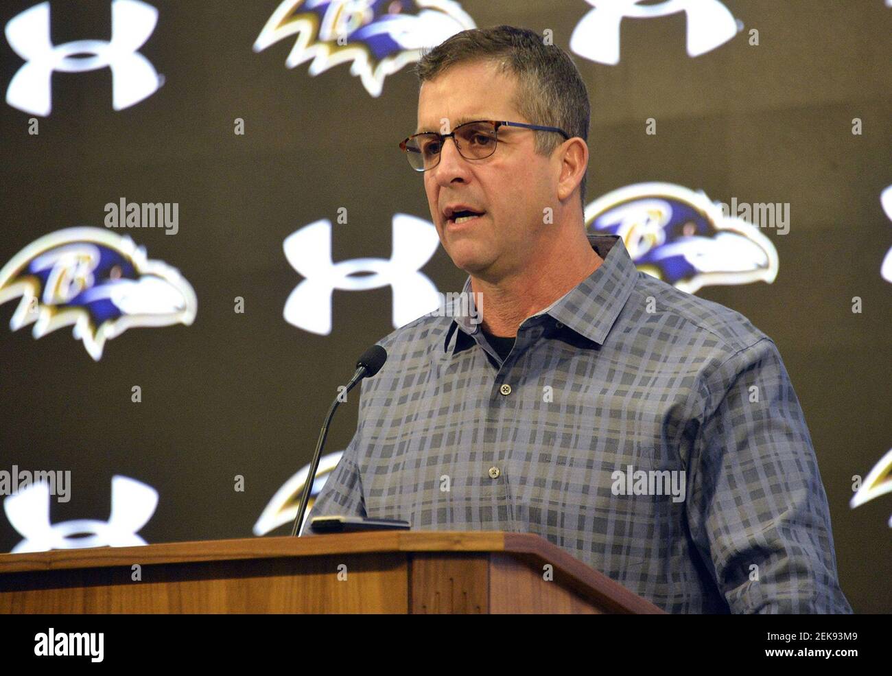 Baltimore Ravens head coach John Harbaugh answers questions at the year ...