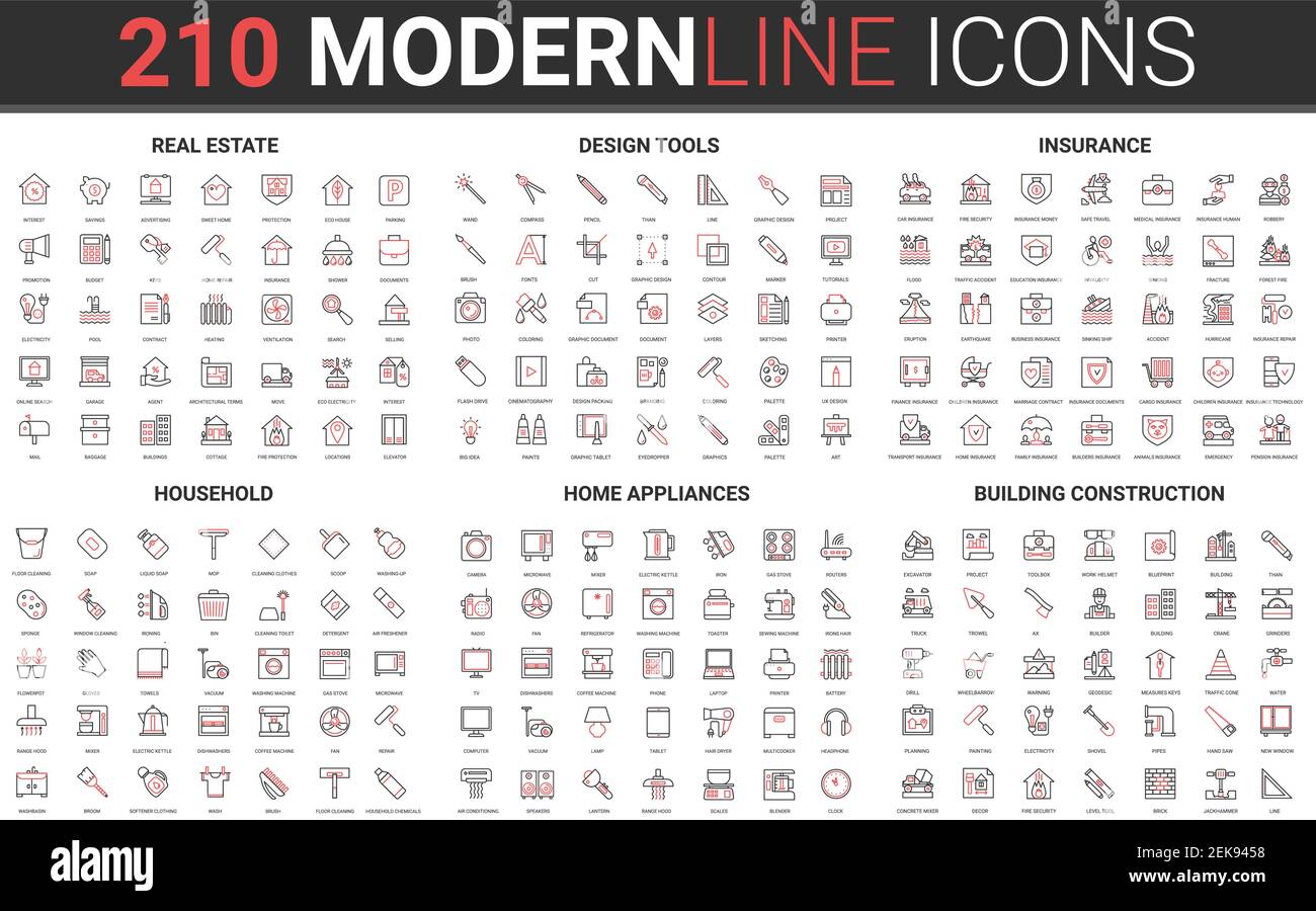 210 modern red black thin line icons set of household, home appliances, building construction ...