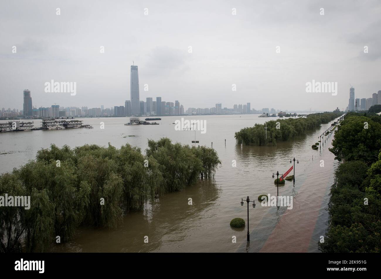 An aerial view of waterlogged street along the Yangtze River after the ...