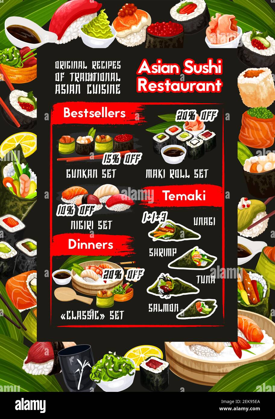 Sushi bar and japanese restaurant vector menu with discount offer of ...