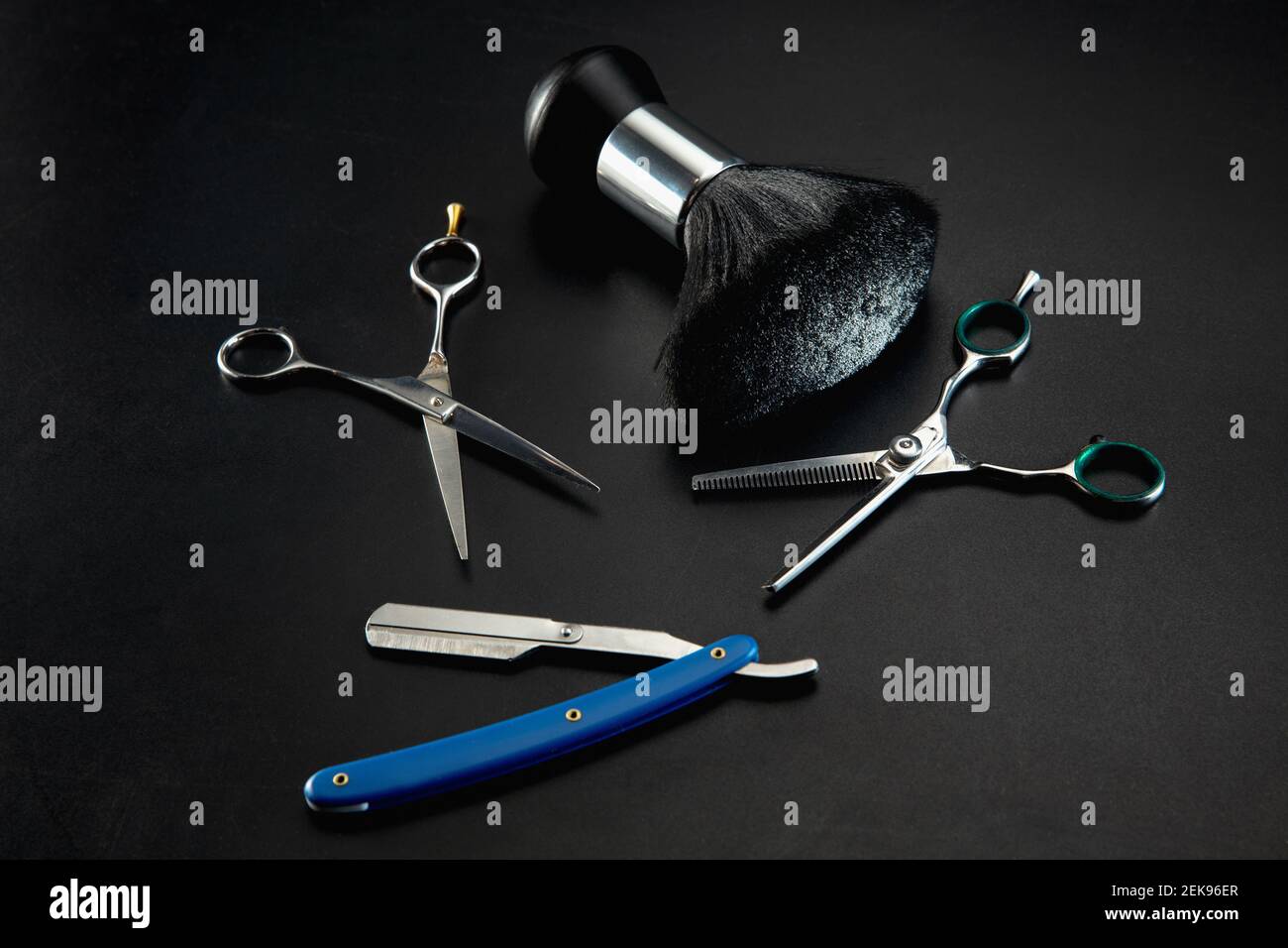 Barber shop equipment set isolated on black table background. Close up ...