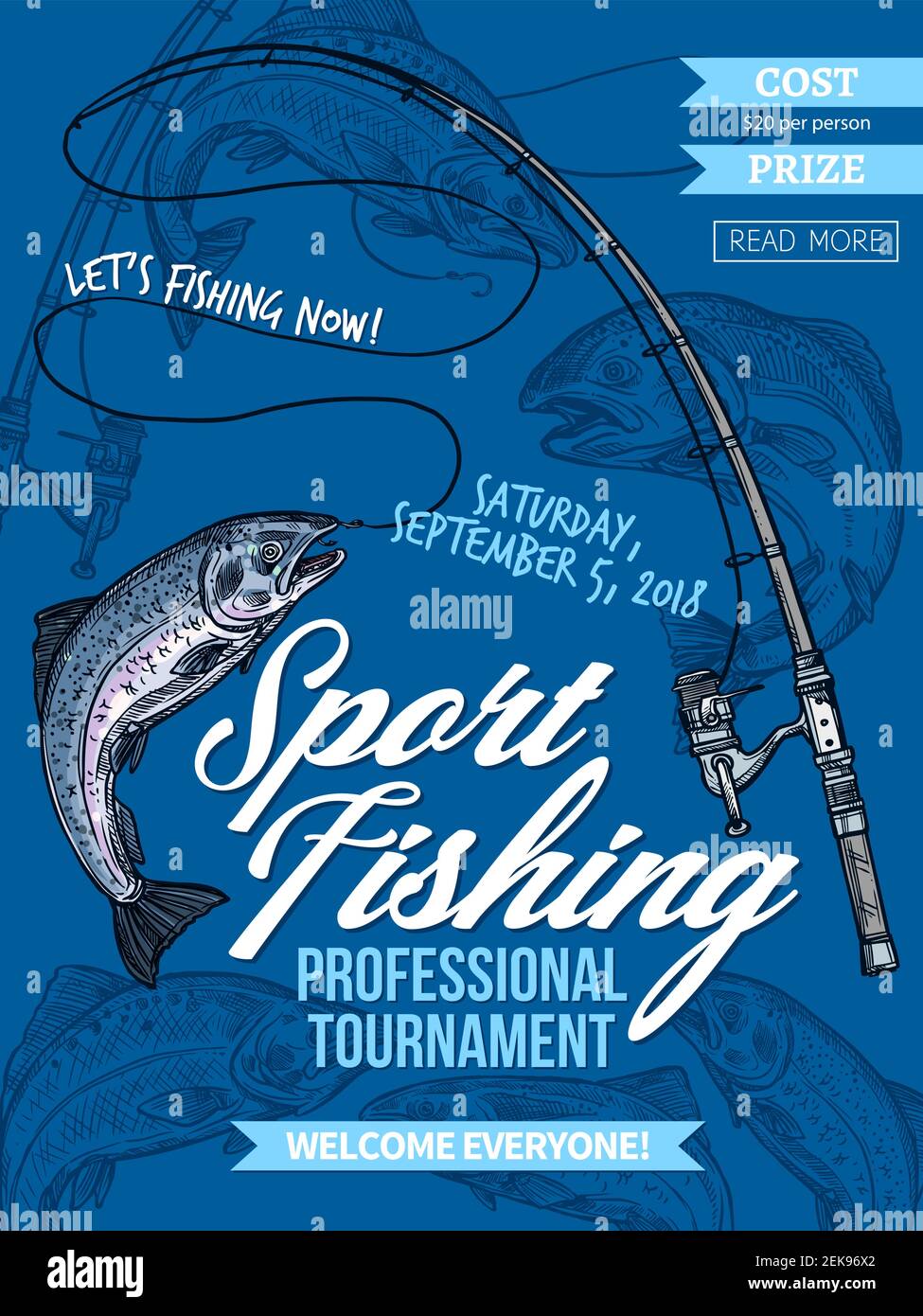 Salmon fishing, sport tournament vector poster with catched fish on ...