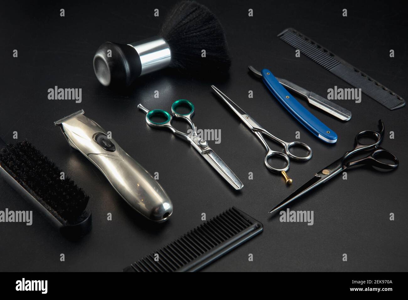 Barber shop equipment set isolated on black table background. Close up ...