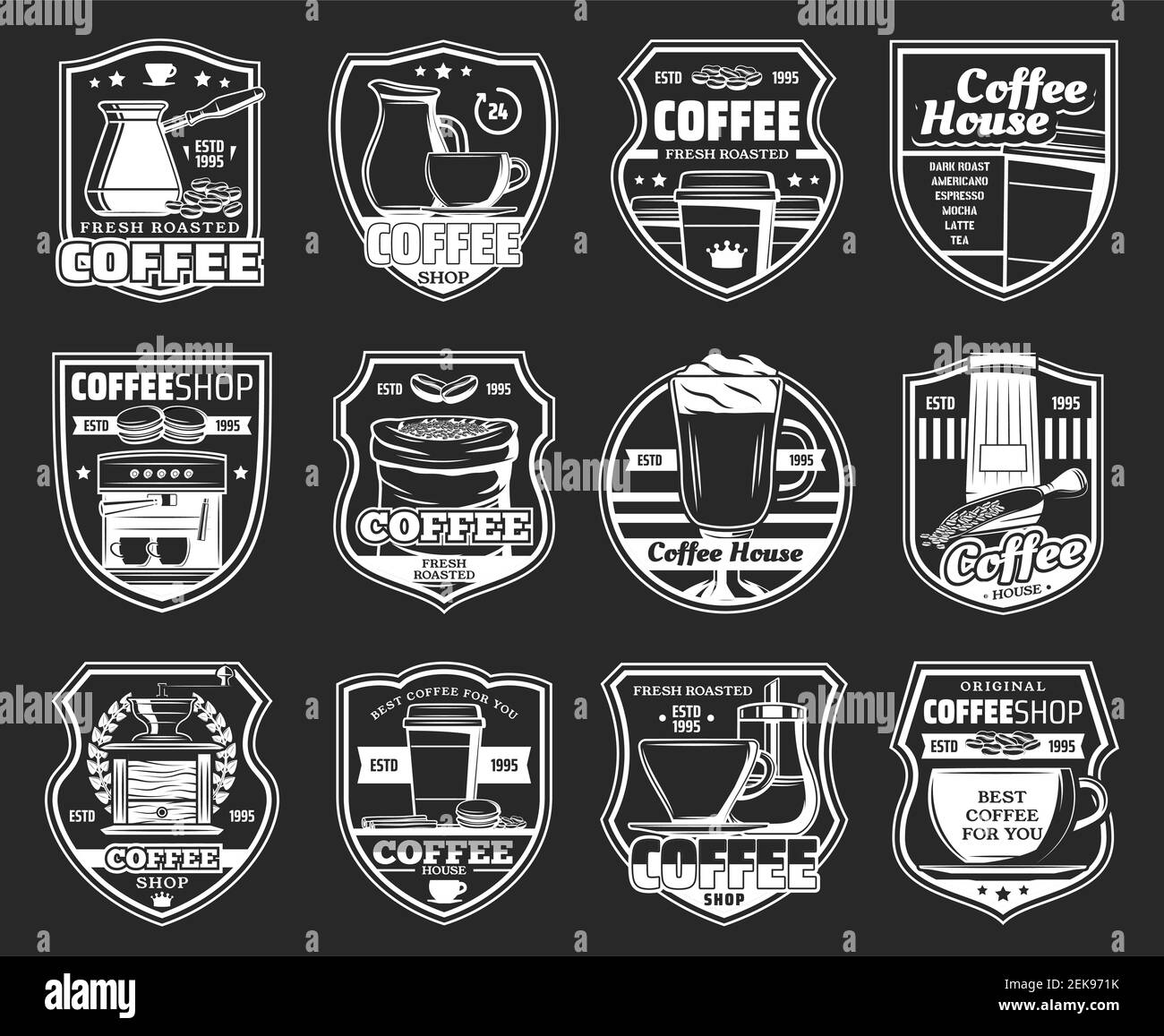 Coffee shop or cafe vector icons with hot drink cups, espresso machine ...