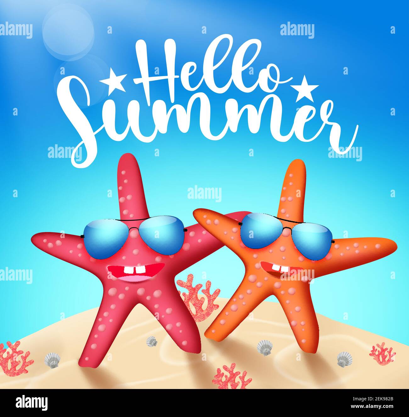 Summer starfish character vector banner design. Hello summer text with ...