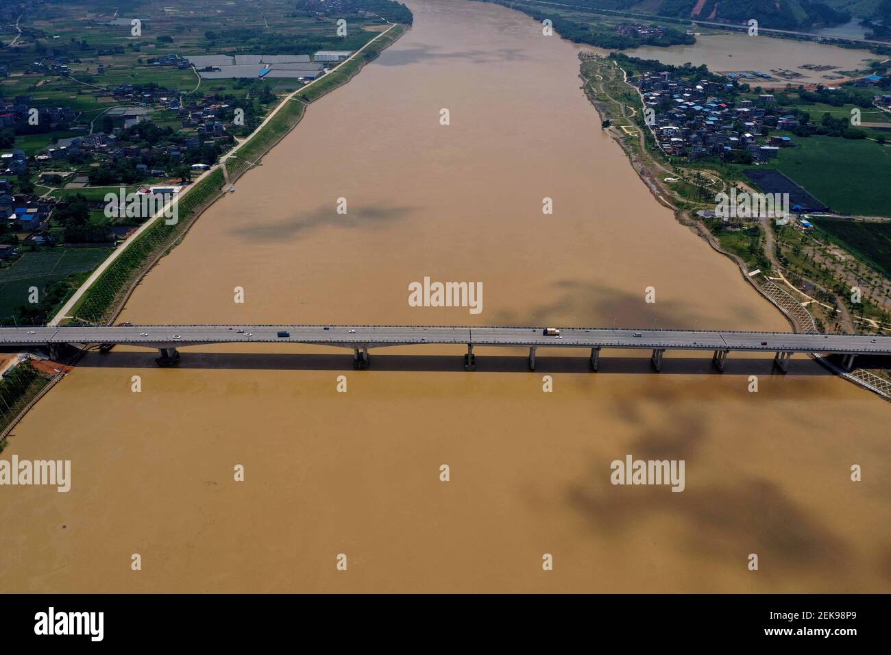 RONG'AN, CHINA - JULY 13, 2020 - The water level of Rongjiang River in ...