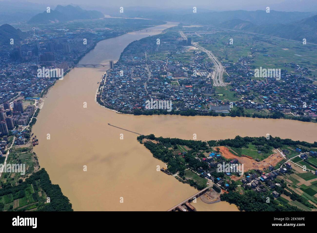 RONG'AN, CHINA - JULY 13, 2020 - The water level of Rongjiang River in ...