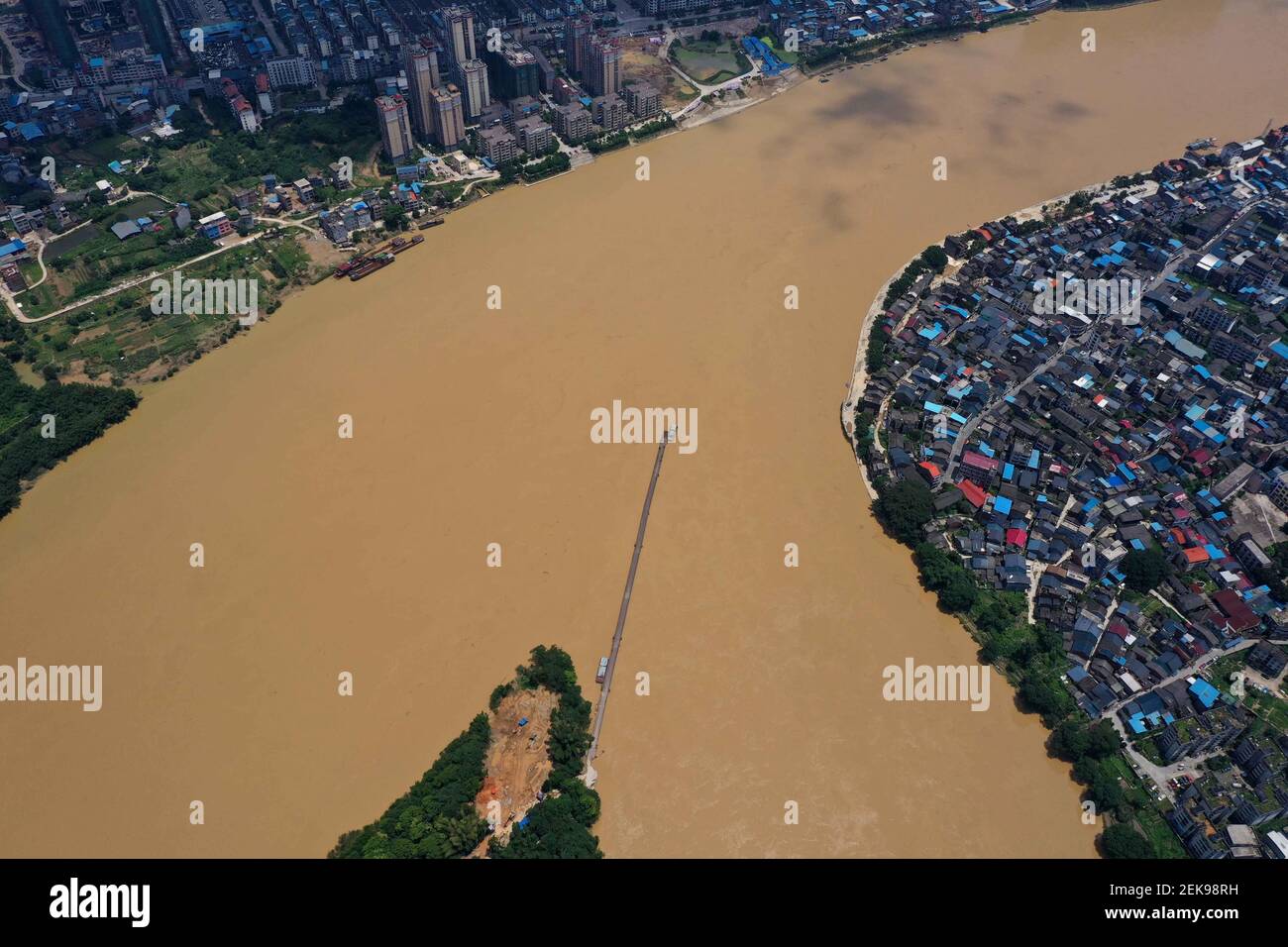 RONG'AN, CHINA - JULY 13, 2020 - The water level of Rongjiang River in ...