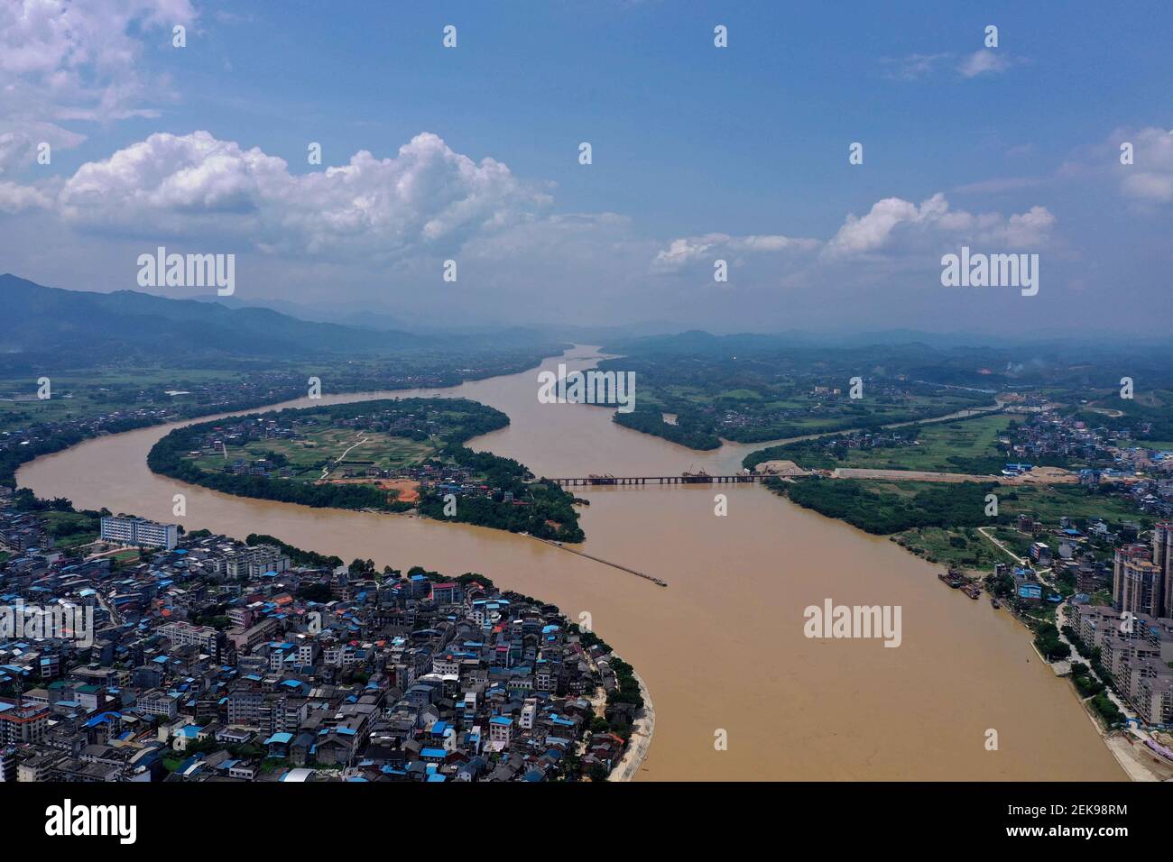 RONG'AN, CHINA - JULY 13, 2020 - The water level of Rongjiang River in ...