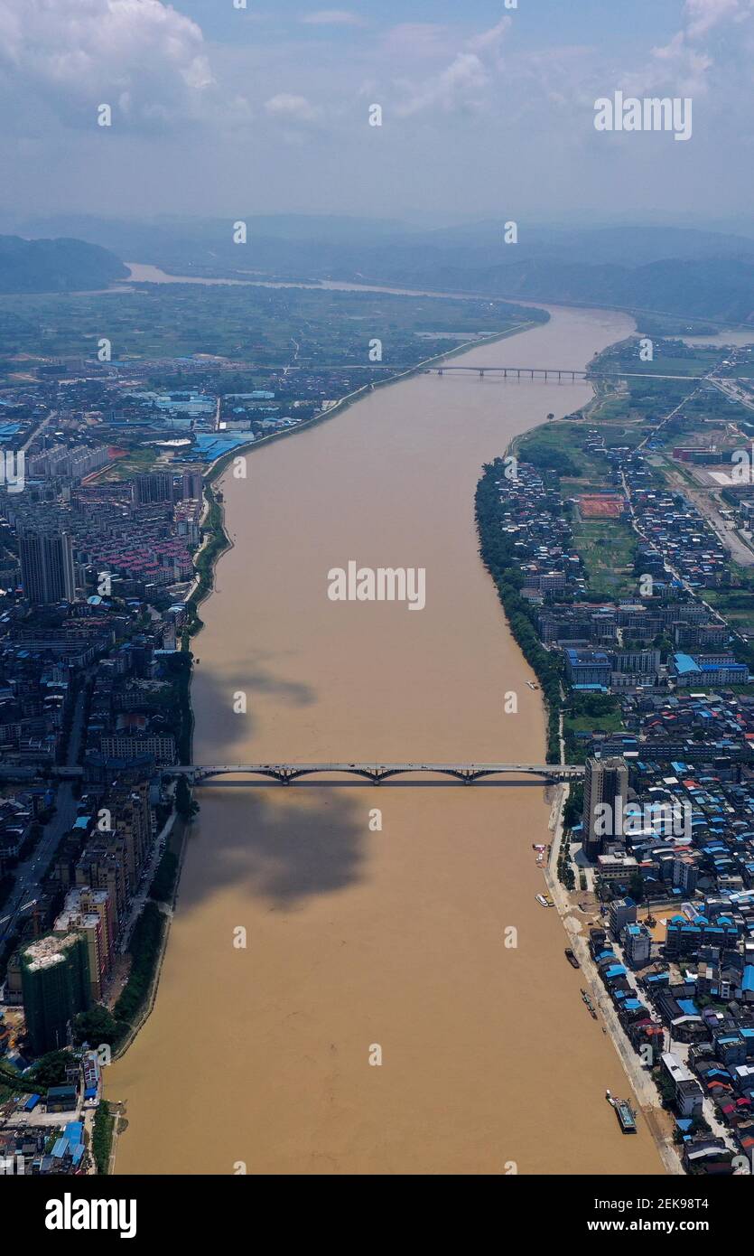 RONG'AN, CHINA - JULY 13, 2020 - The water level of Rongjiang River in ...