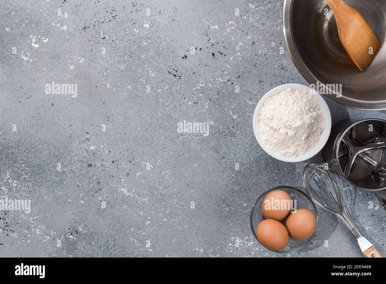 Set of kitchen utensils with products on gray-blue background. Cooking ...