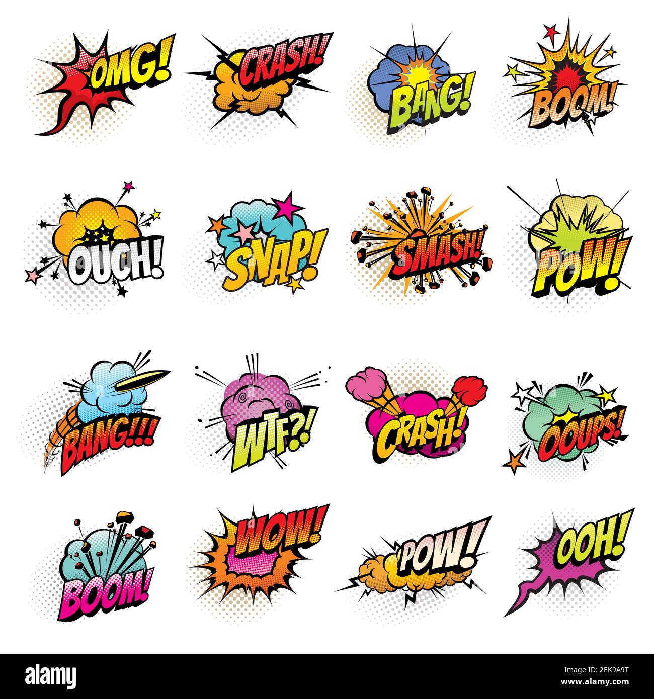 Comics speech bubbles vector design. Boom and bang sound effects, pow ...
