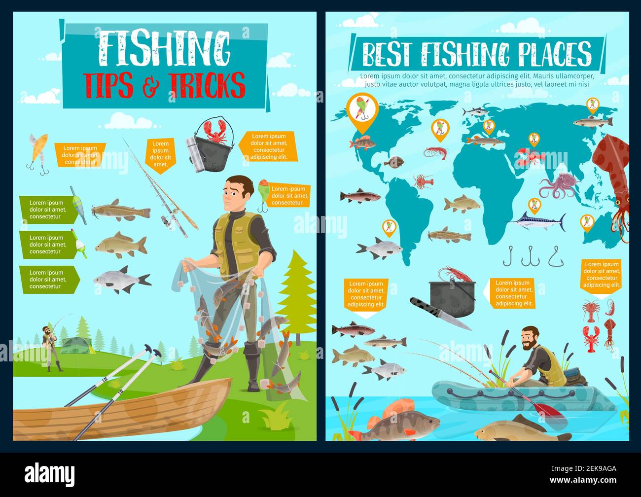 Fishing, hobby and sport fish catch. Vector fisherman with net and ...