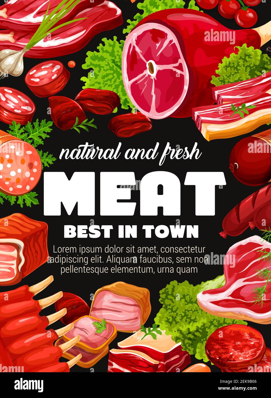 Fresh meat, sausage and butchery shop products vector design. Beef ...