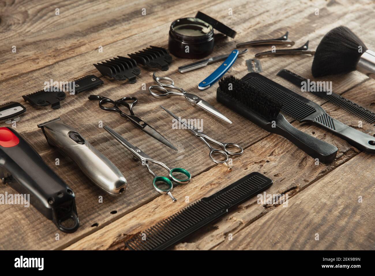Barber shop equipment set isolated on wooden table background. Close up ...