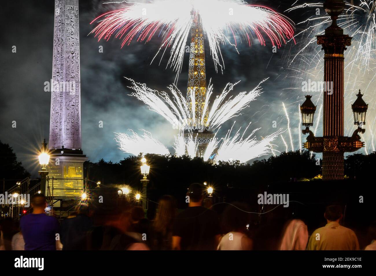 The fireworks display in Paris, France fired from the Eiffel Tower ...