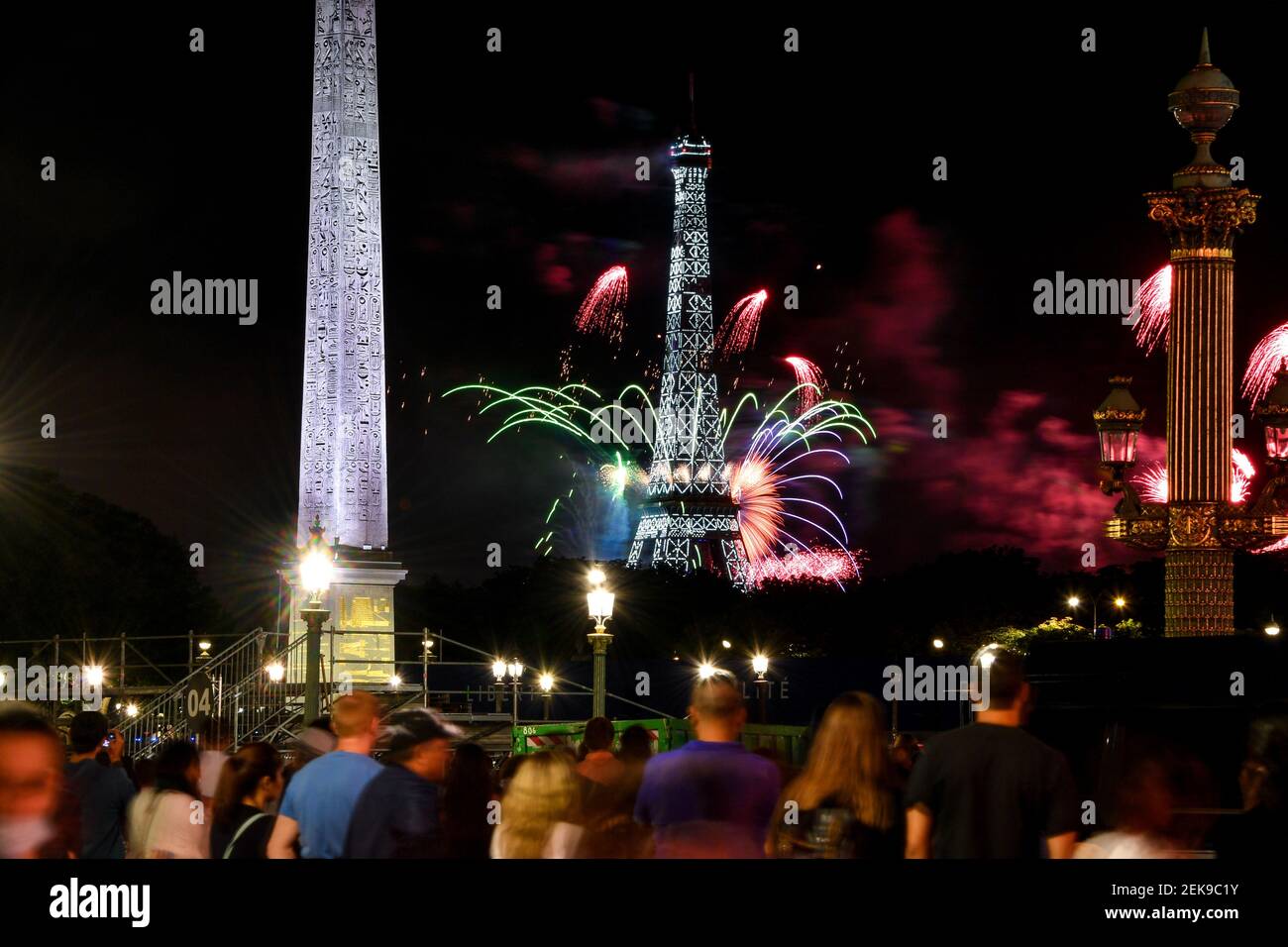 The fireworks display in Paris, France fired from the Eiffel Tower ...