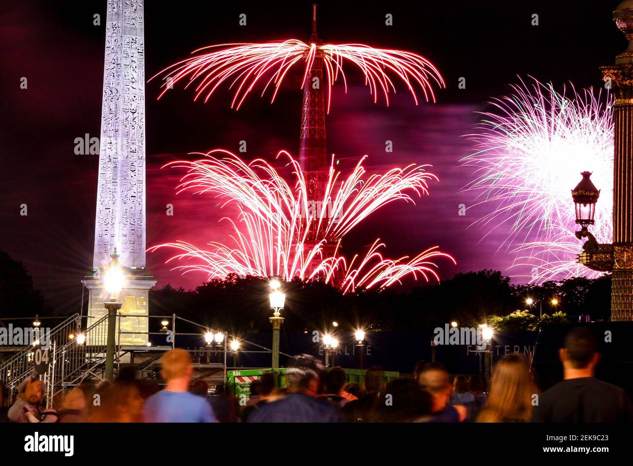 The fireworks display in Paris, France fired from the Eiffel Tower ...
