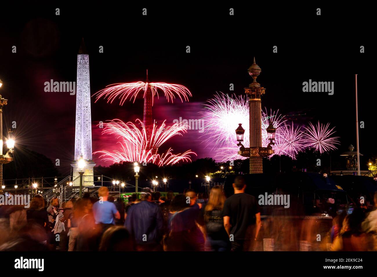 The fireworks display in Paris, France fired from the Eiffel Tower ...