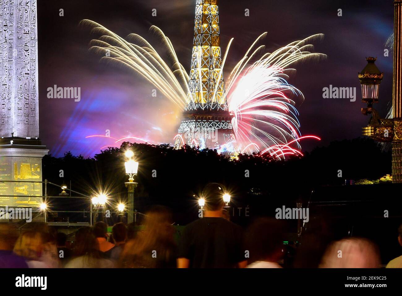 The fireworks display in Paris, France fired from the Eiffel Tower ...