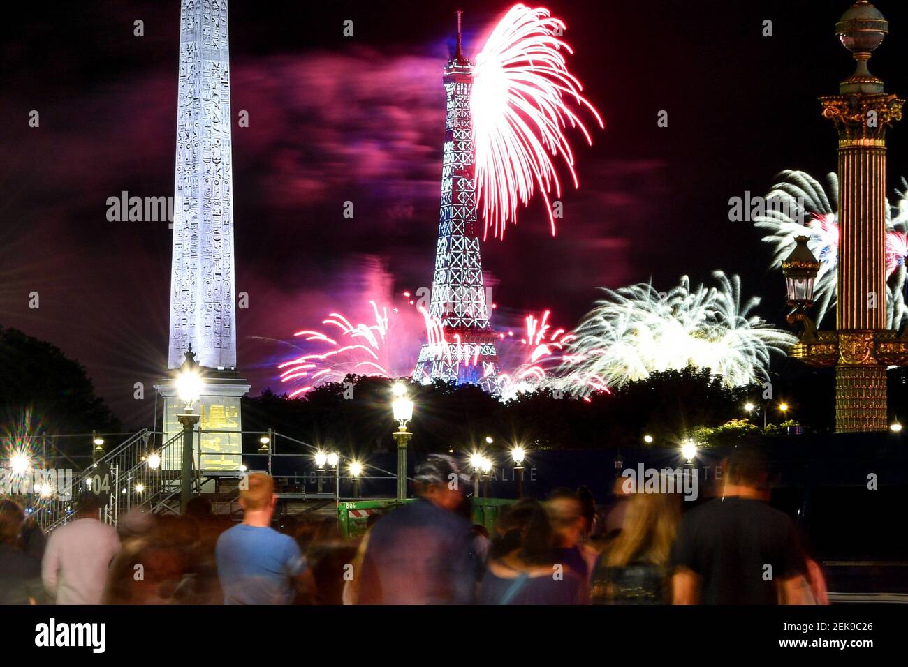 The fireworks display in Paris, France fired from the Eiffel Tower ...
