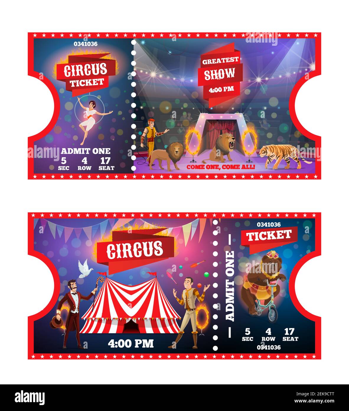 Circus ticket vector templates and carnival amusement show pass card ...