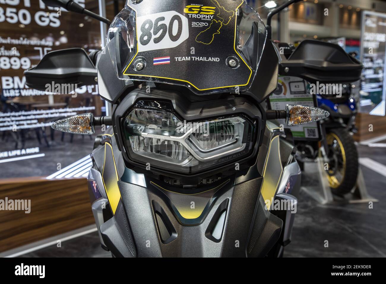 A closer view of the front headlight of a BMW F850GS 'GS Trophy Oceania ...
