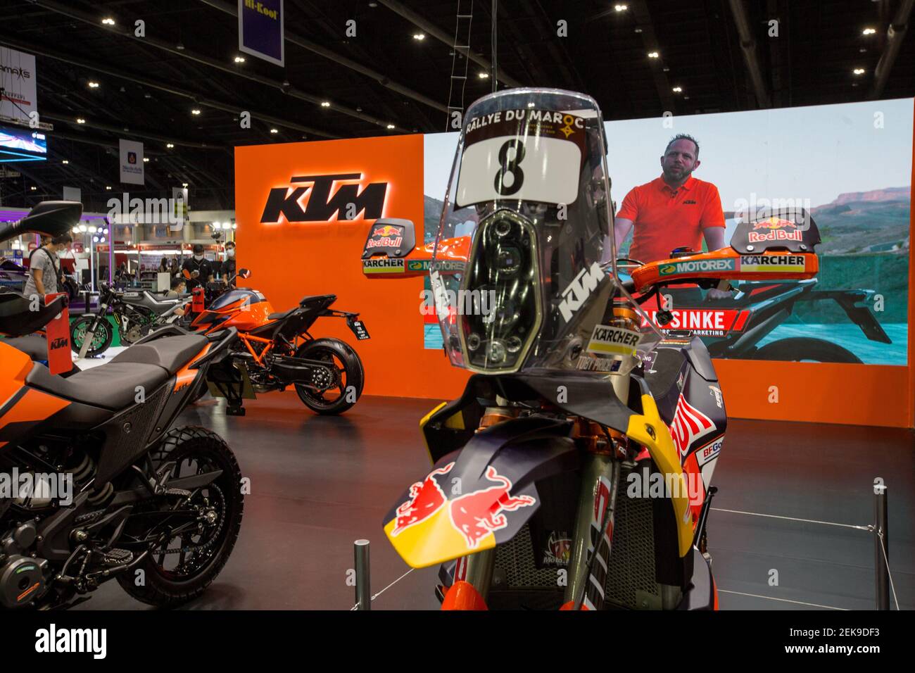 A KTM 450 Rally motorcycle (R) seen at the KTM stand during the 41st ...