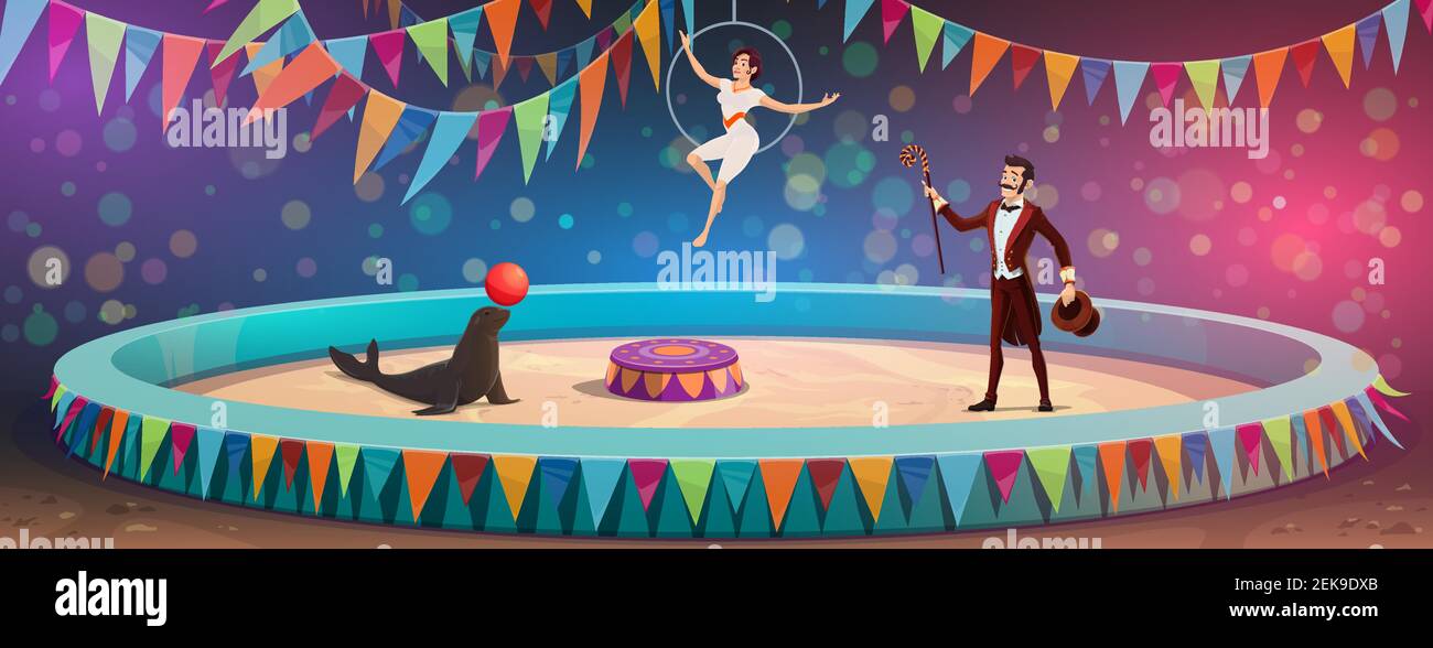 Circus arena and performers show. Vector big top circus animal tamer ...