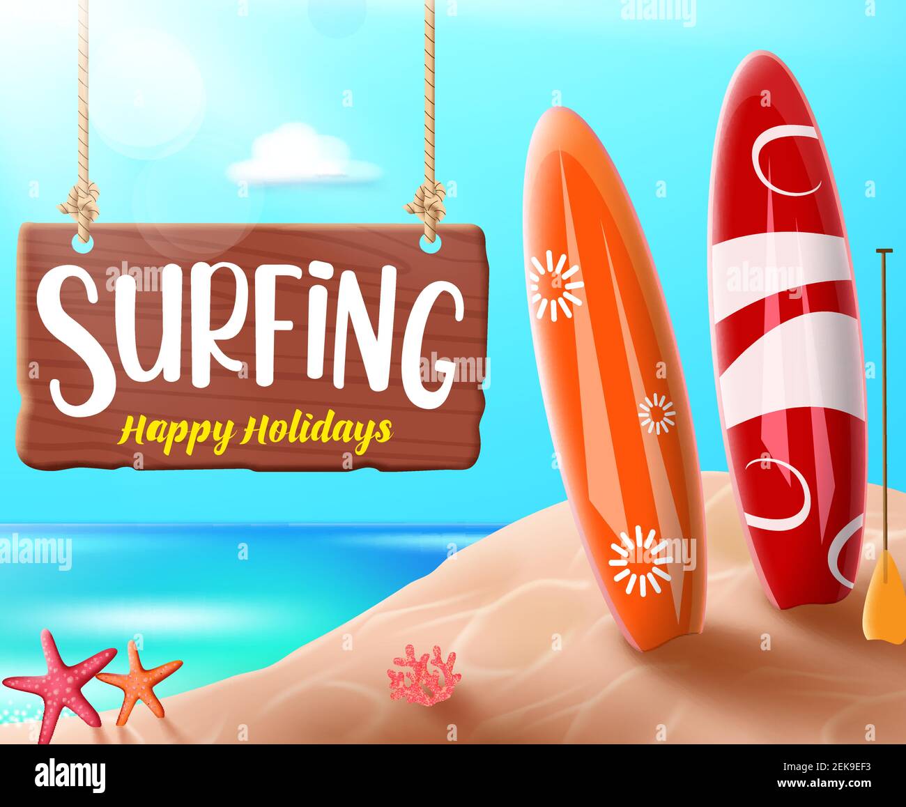 Summer surfing vector banner design. Surfing happy holidays text for fun outdoor sport activity ...