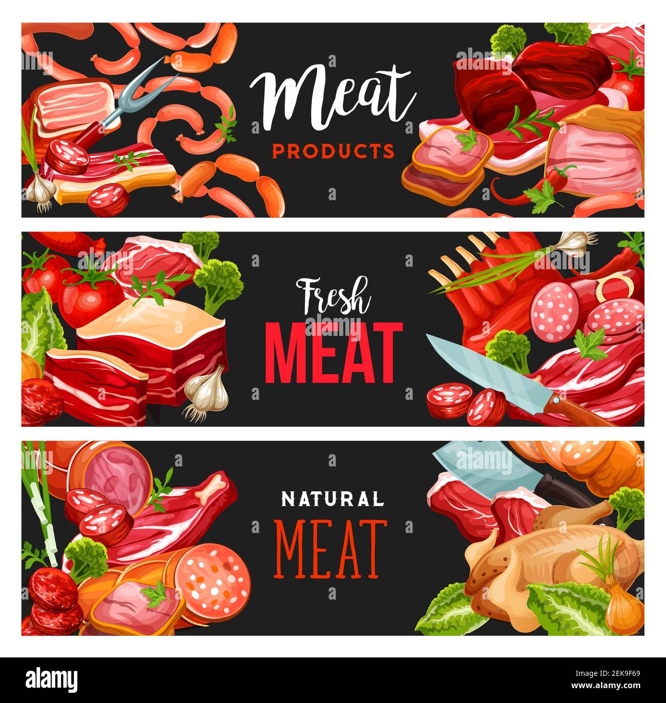 Butchery shop meat and sausages, grocery store banners. Vector pork ham ...