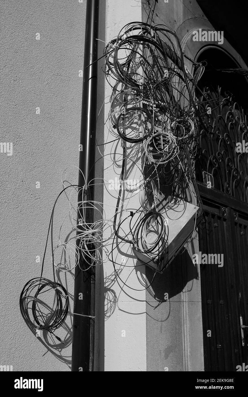 Tangled wires outside building in central Bucharest, Romania, 2021 ...