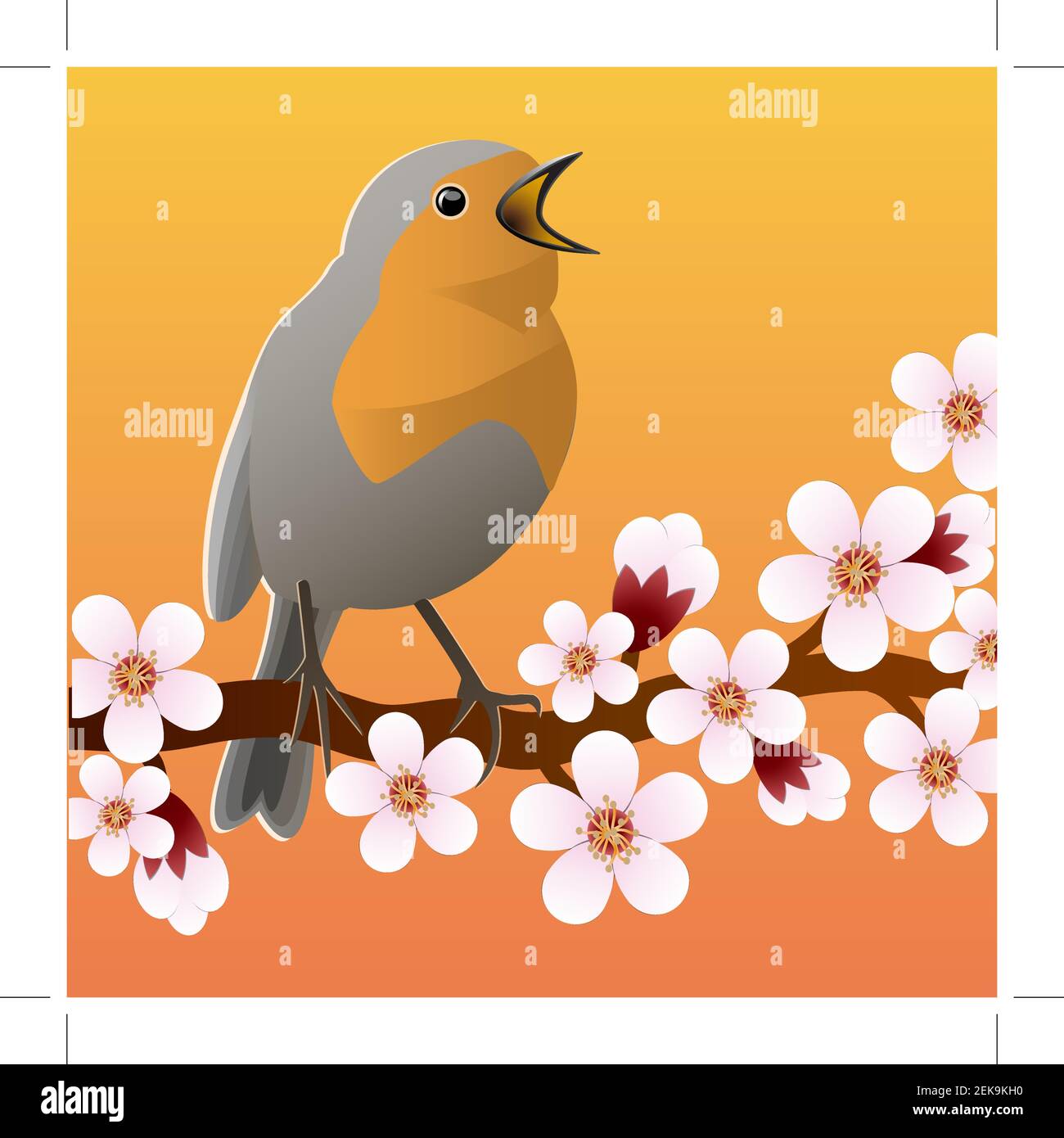 Spring bird sitting on flowering branch. Vector illustrations Stock ...