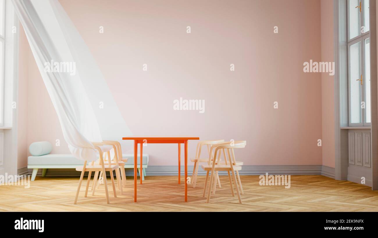 Three dimensional render of interior of almost empty room with blowing ...