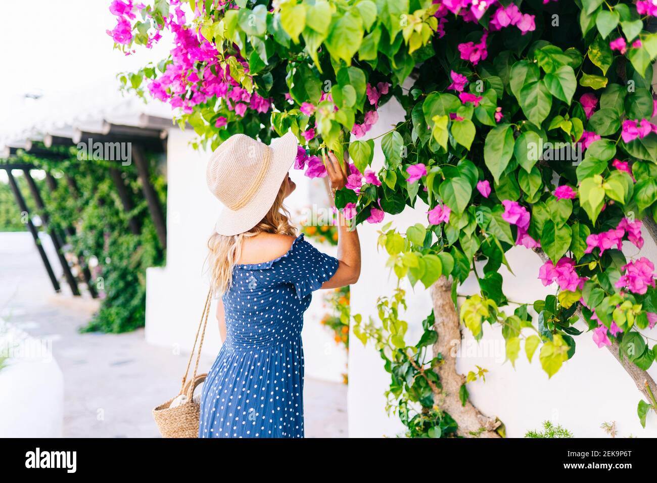 Mature woman wearing hat smelling flowers growing on plant at Binibeca ...