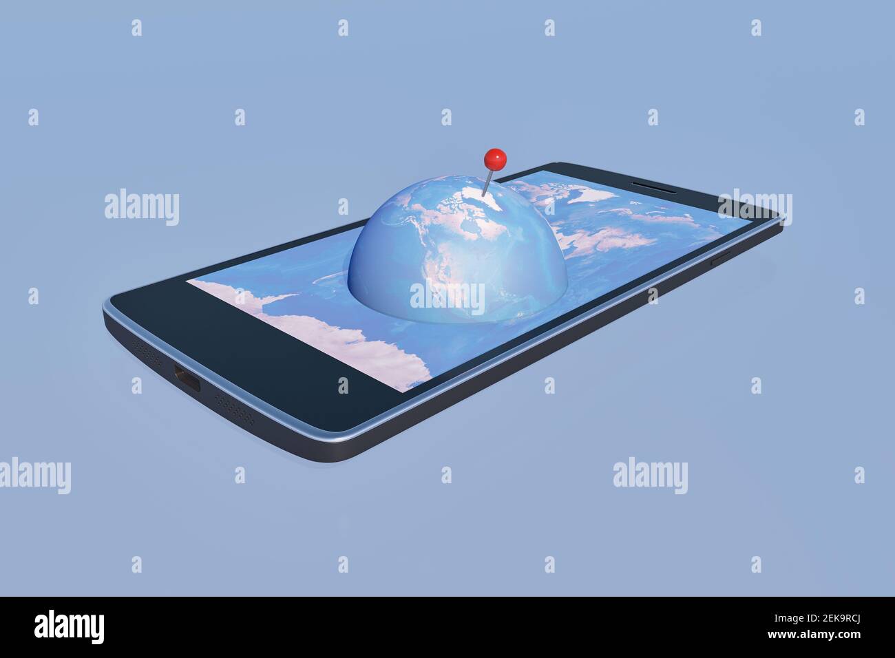 3D rendering of the globe with a pointer appearing on a mobile phone ...