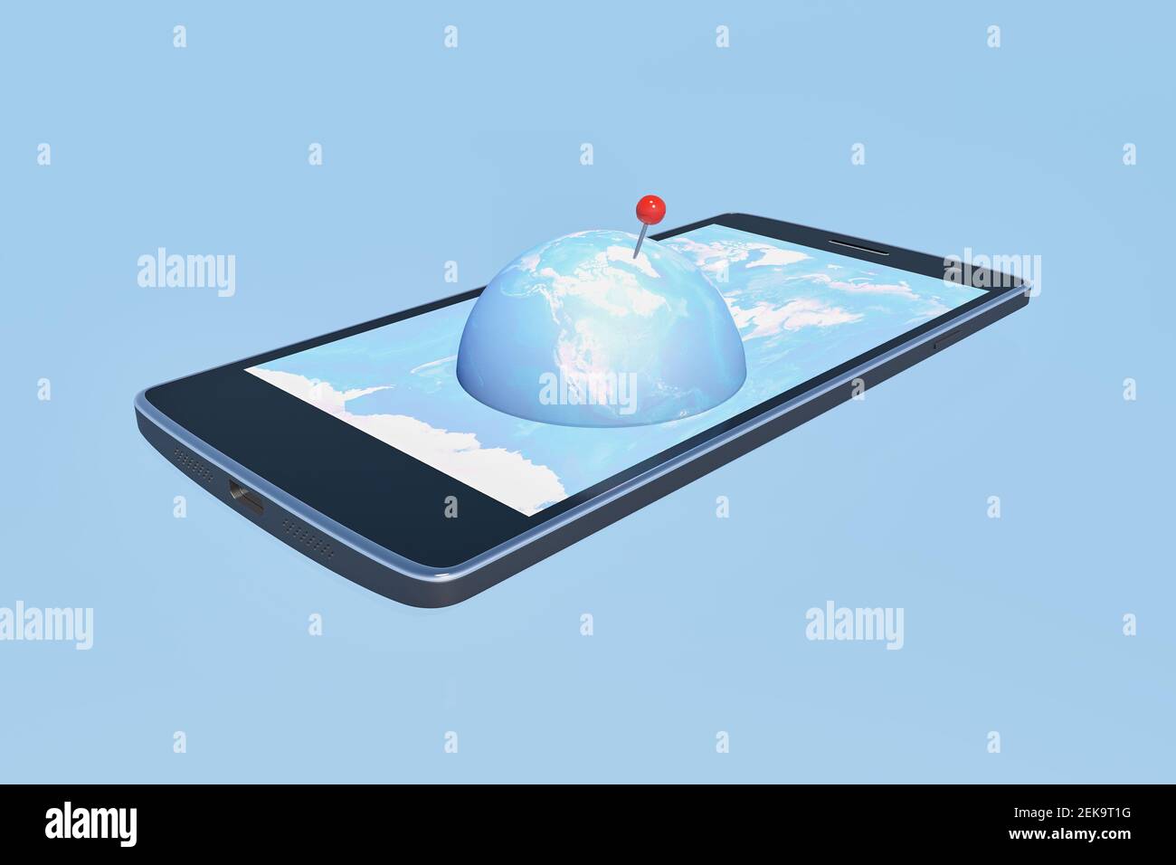 3D rendering of the globe with a pointer appearing on a mobile phone ...