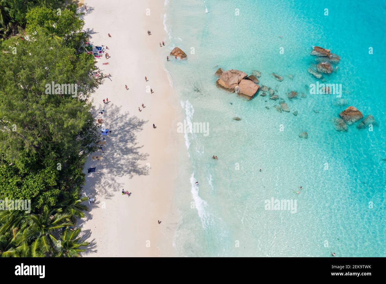Seychelles, Praslin Island, Aerial view of Anse Lazio sandy beach with ...
