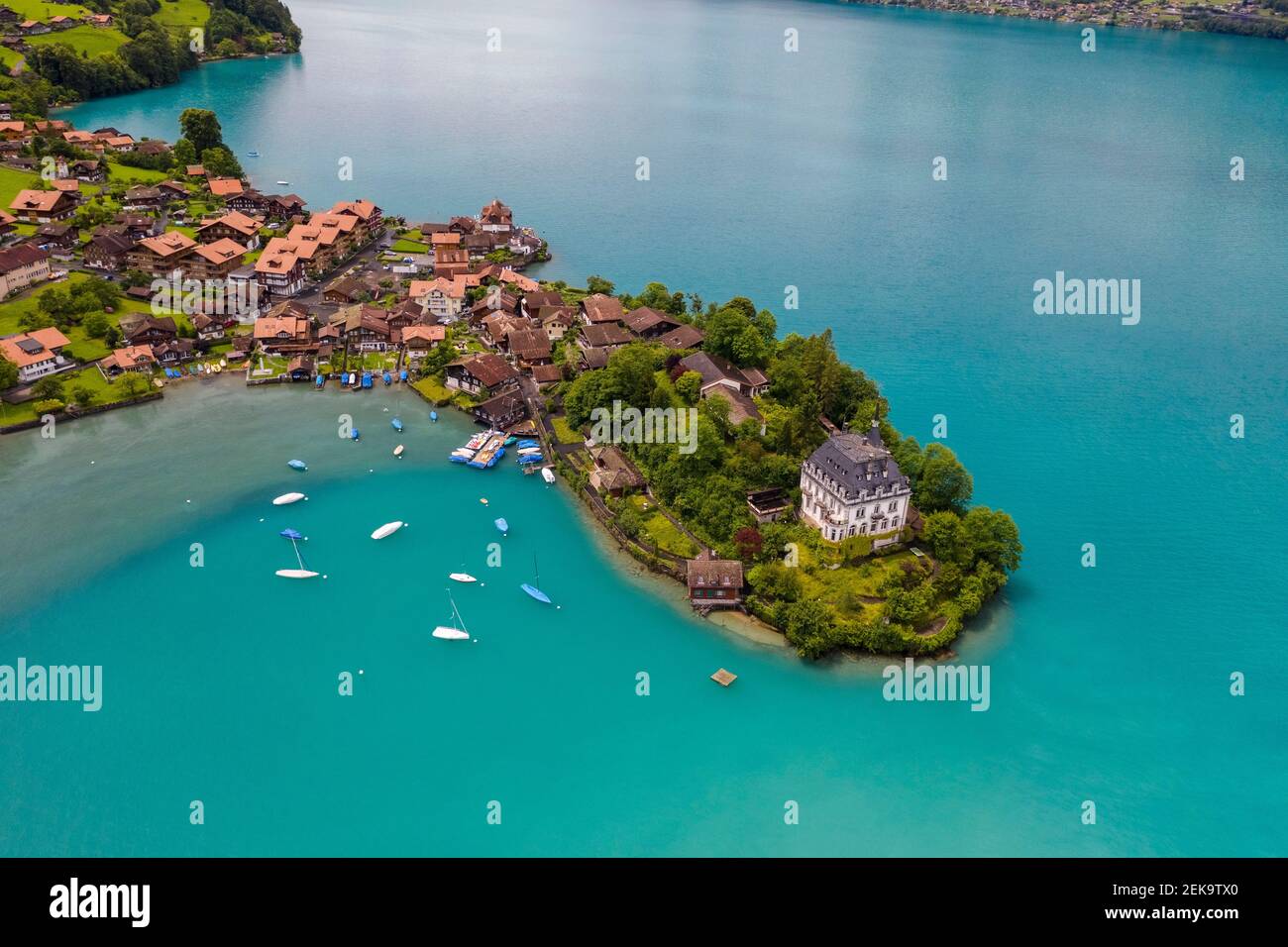 Switzerland, Brienz lake, Iseltwald, Aerial view of lake and village in ...