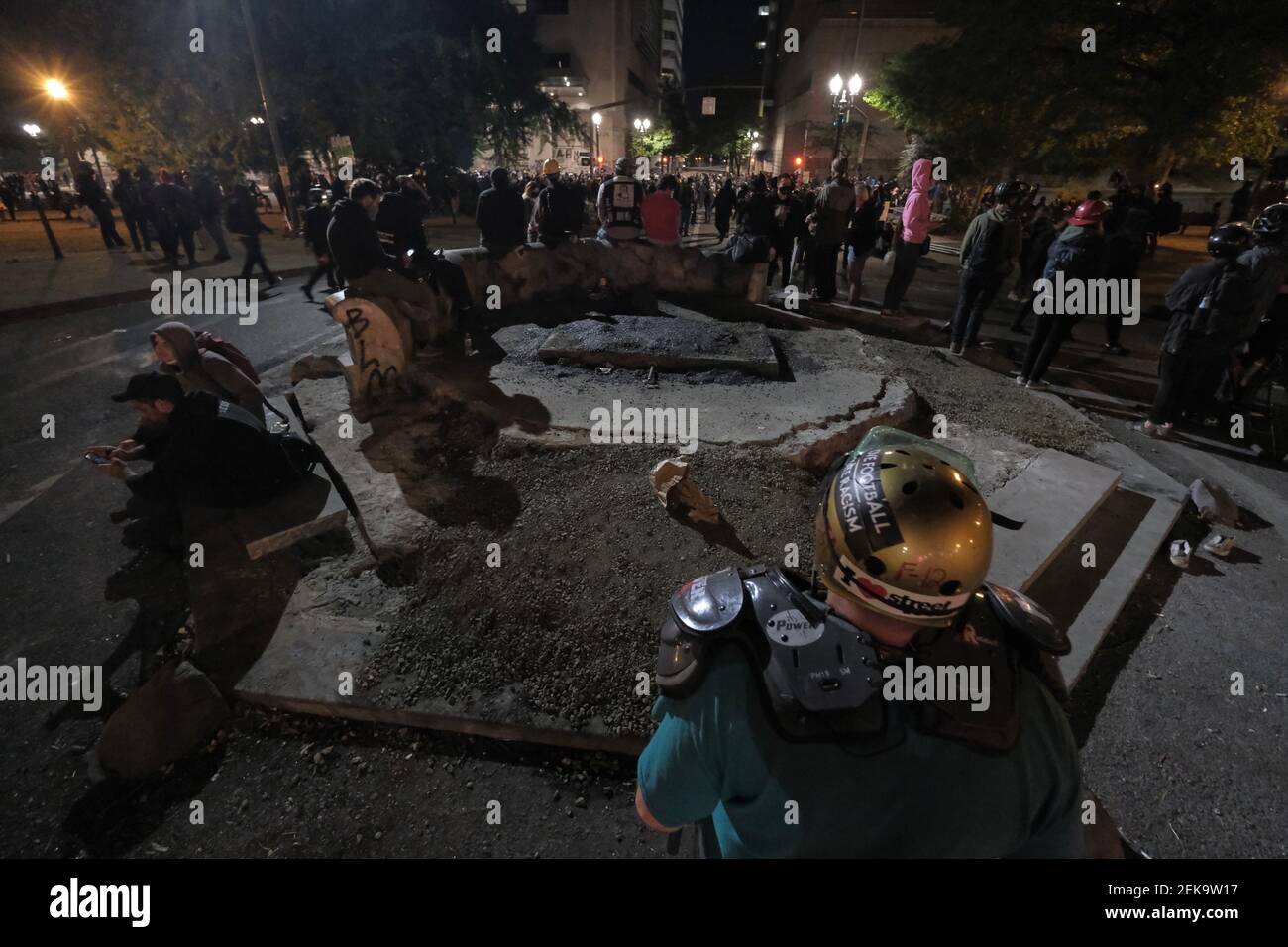 The scene at the former elk statue is pictured as protesters continue ...