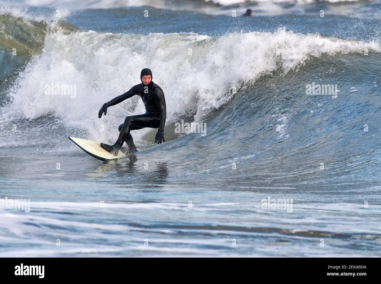 Mid adult man wearing wetsuit surfing on sea, Broad Haven South Beach ...