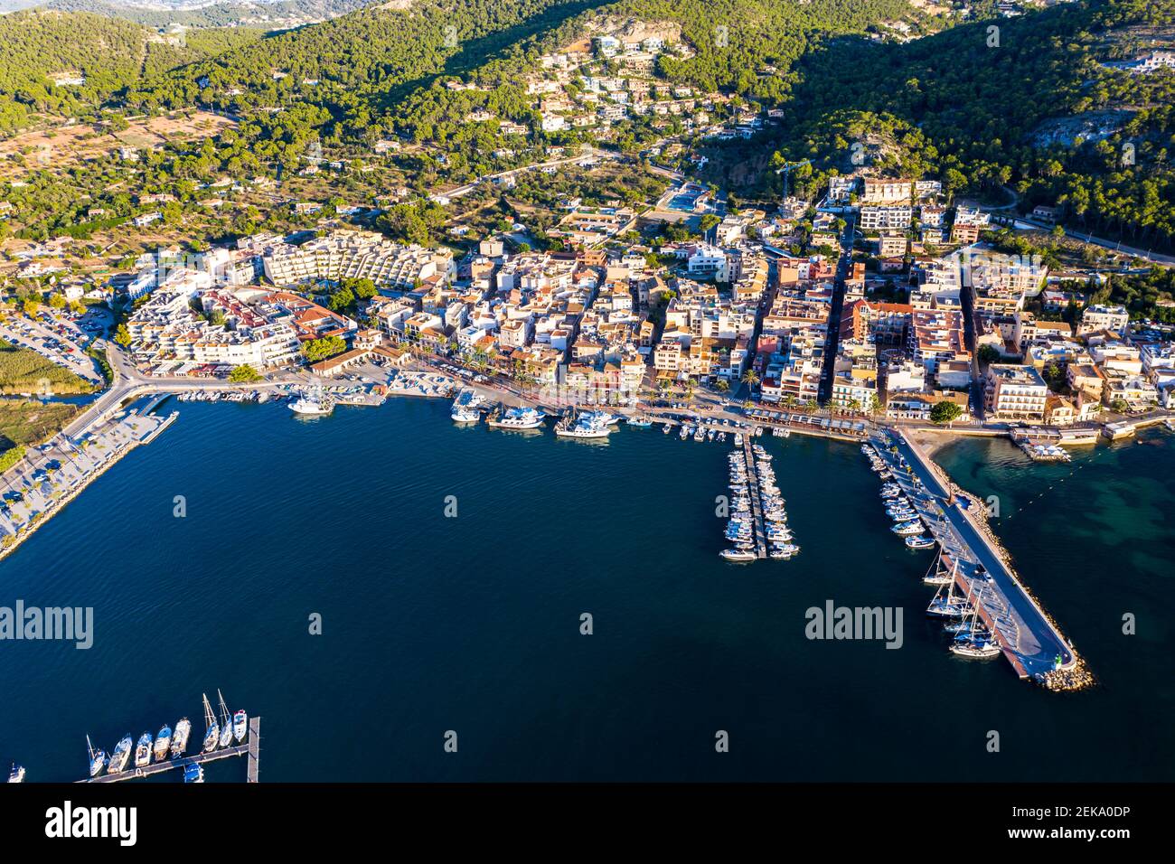 Spain, Balearic Islands, Andratx, Helicopter view of coastal town in ...