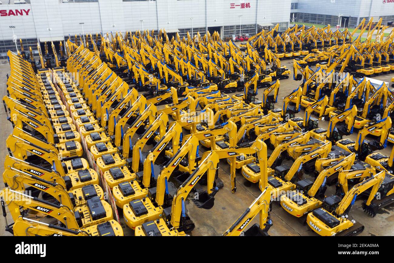 An aerial view of arrays of excavators at a factory of Chinese ...
