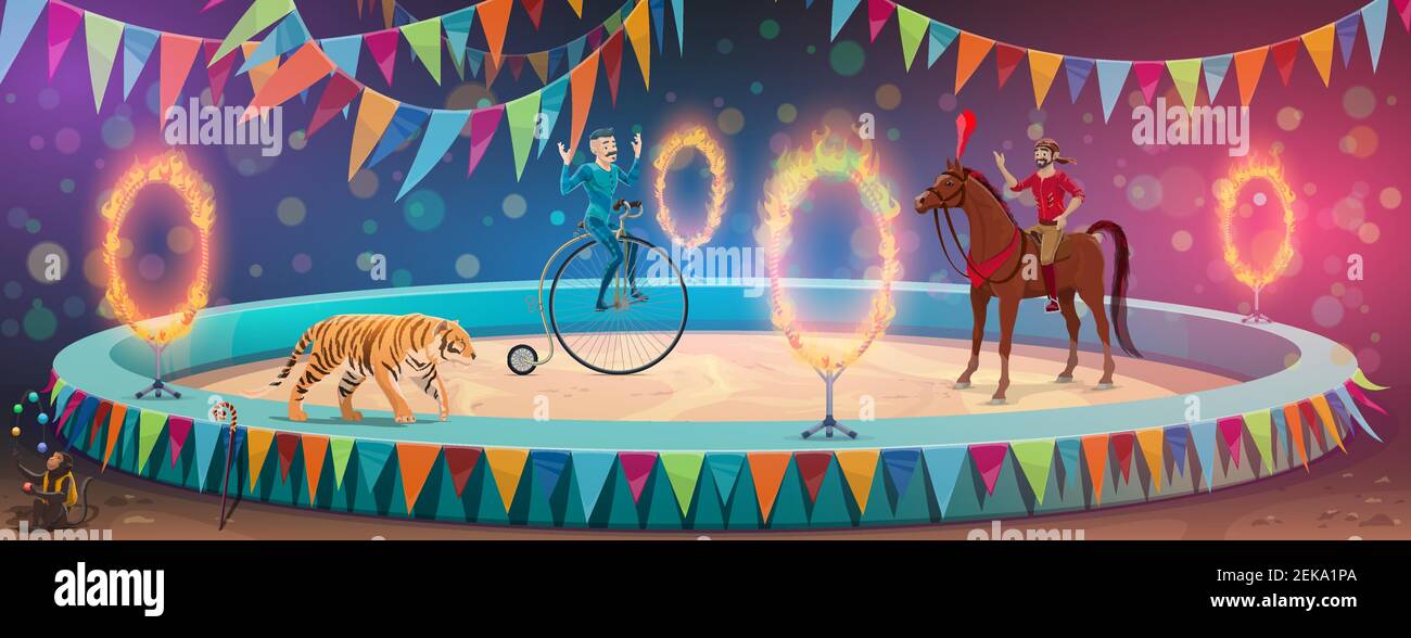 Circus show arena, acrobat equilibrist on unicycle wheel and trained ...