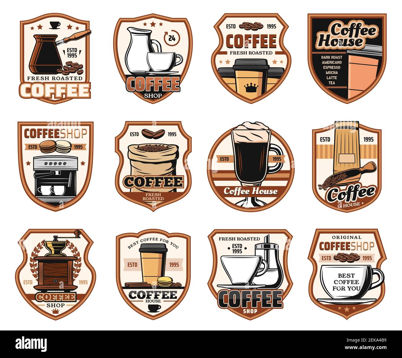 Coffee, cafe and cafeteria restaurant signs. Vector isolated icons of ...