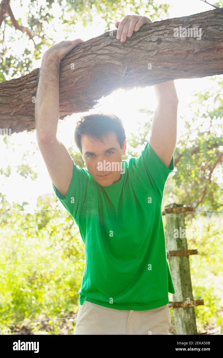Man hanging on a tree branch Stock Photo - Alamy