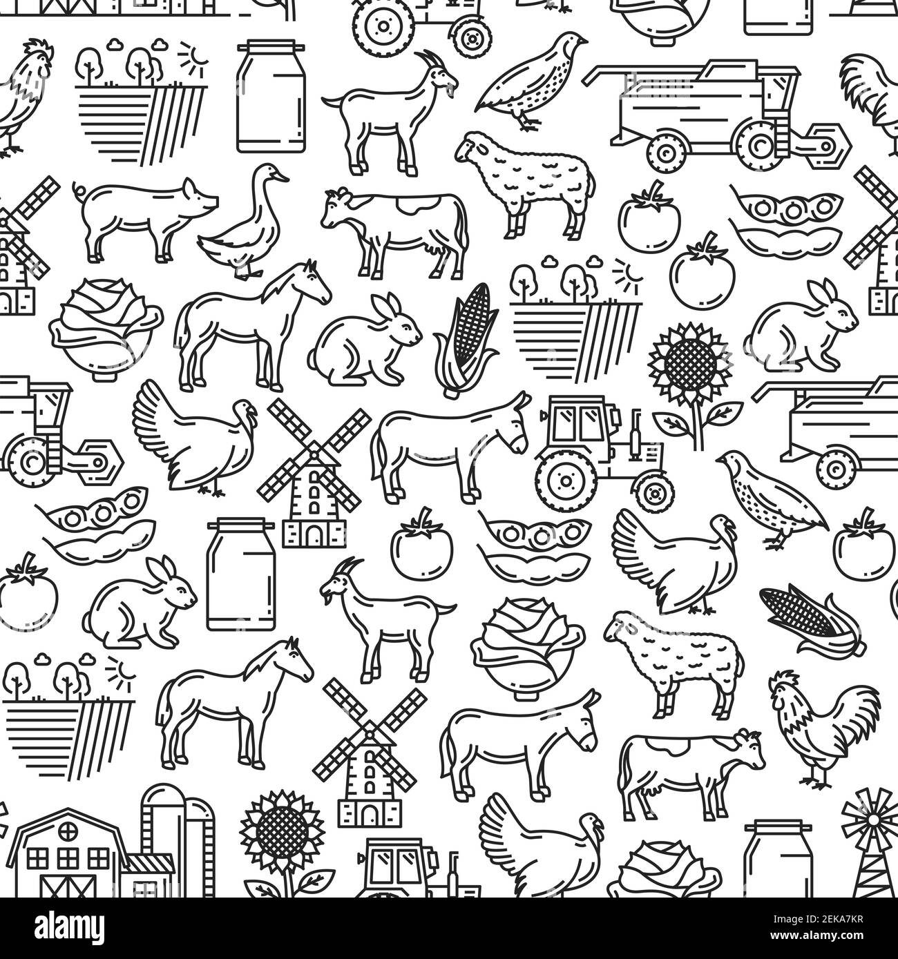 Agriculture and cattle farm seamless pattern. Vector thin line art ...