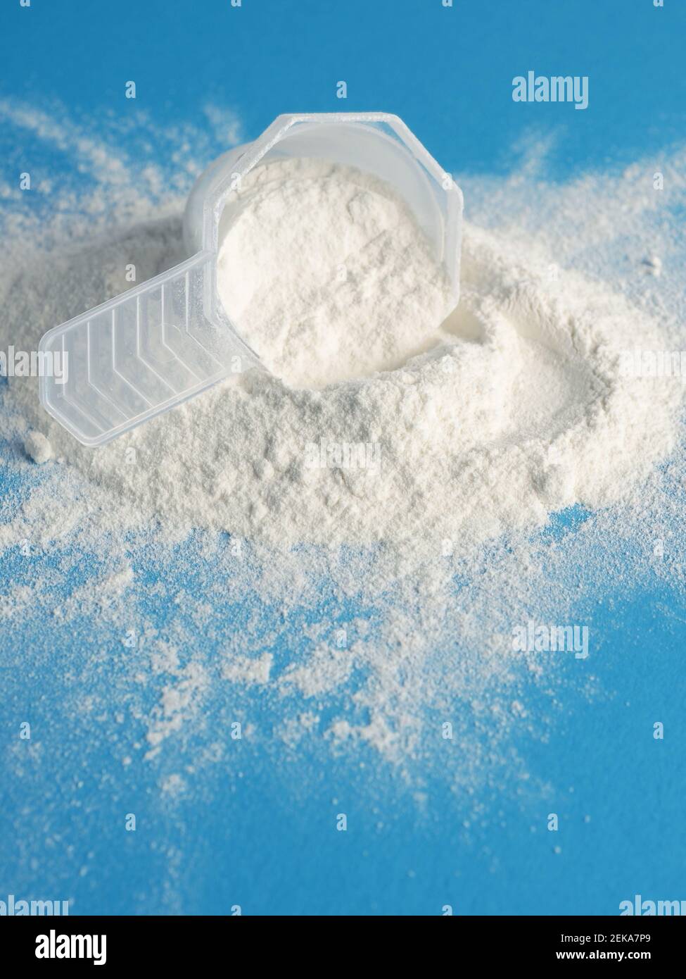 Measuring spoon with protein powder on a blue background, nutritional ...