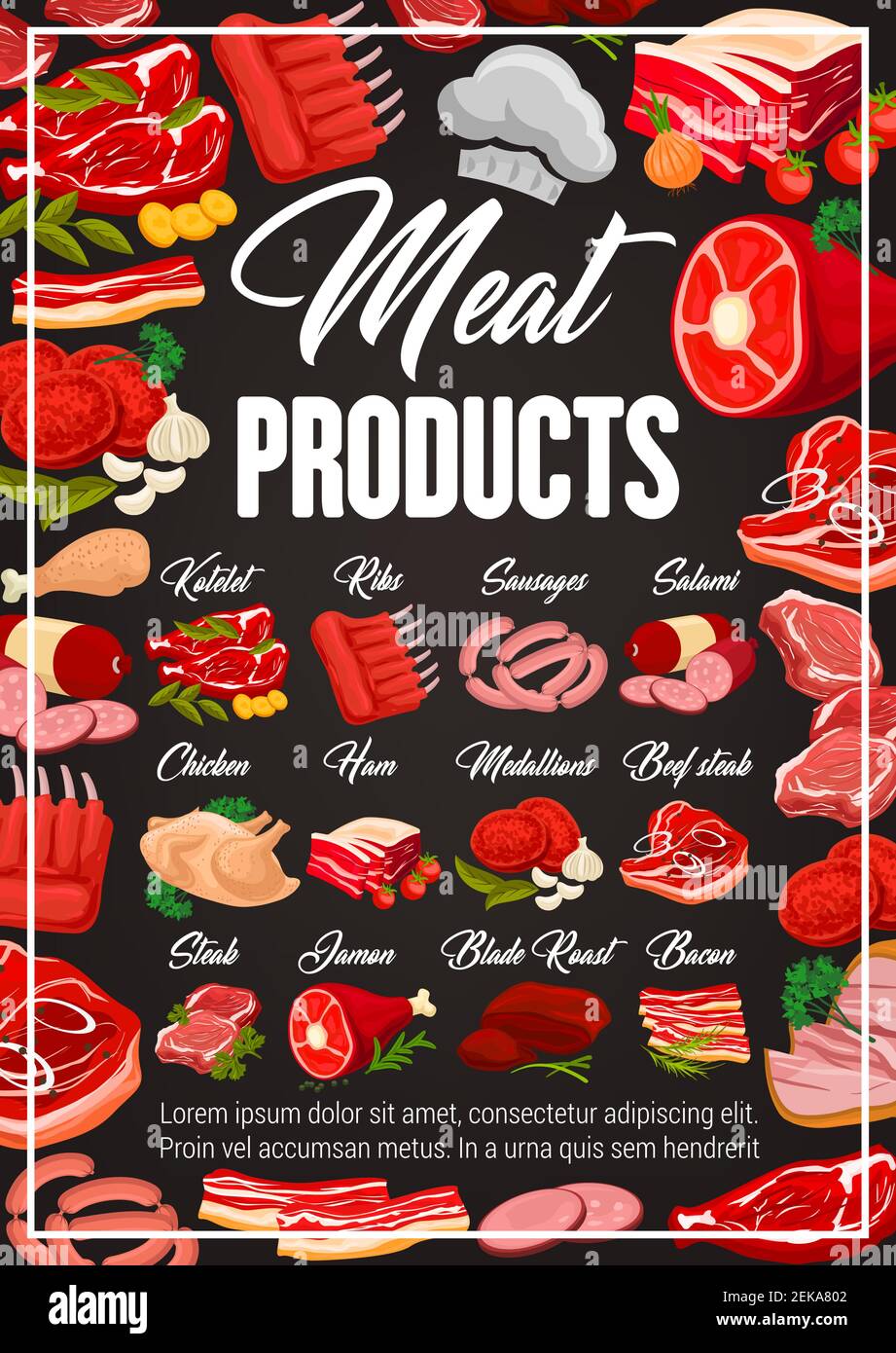 Meat and sausages products, butcher shop food. Vector gourmet ...